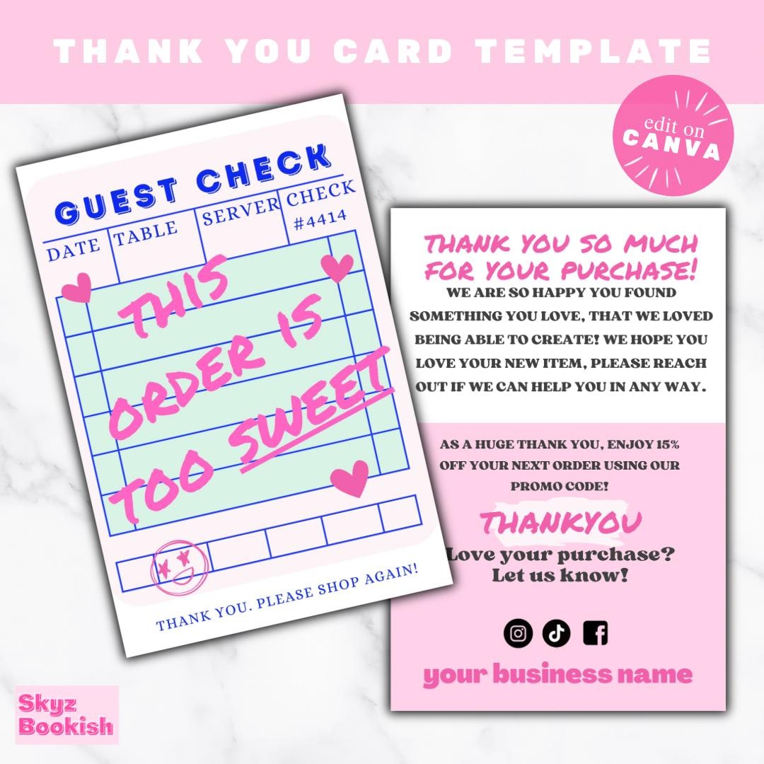 This Order is Too Sweet Guest Check - Printable Canva Template, Thank ...