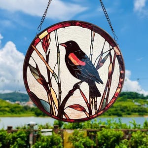 Red-winged Blackbirds in Love Stained Glass Style Suncatcher | Window ...
