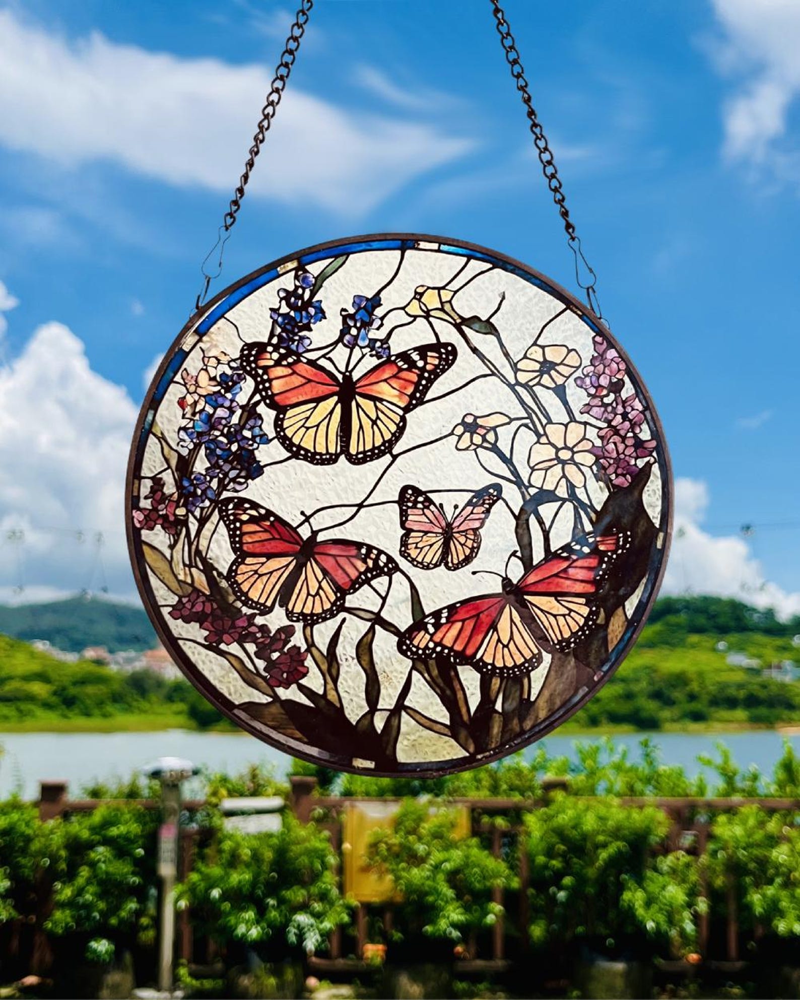 Butterfly Flying Among Flowers Stained Glass Style Suncatcher | Window ...
