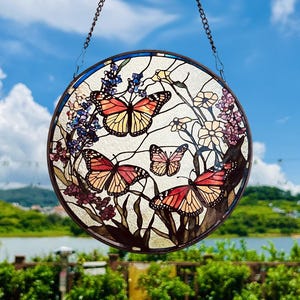 Butterfly Flying Among Flowers Stained Glass Style Suncatcher | Window ...