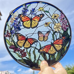 Butterfly Flying Among Flowers Stained Glass Style Suncatcher | Window ...