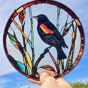 Red-winged Blackbirds in Love Stained Glass Style Suncatcher | Window ...