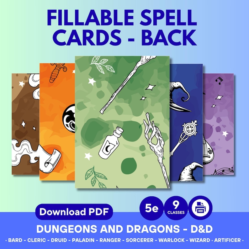 Dnd 5e BLANK Spell Cards - Artificer, Bard, Cleric, Druid, Paladin ...