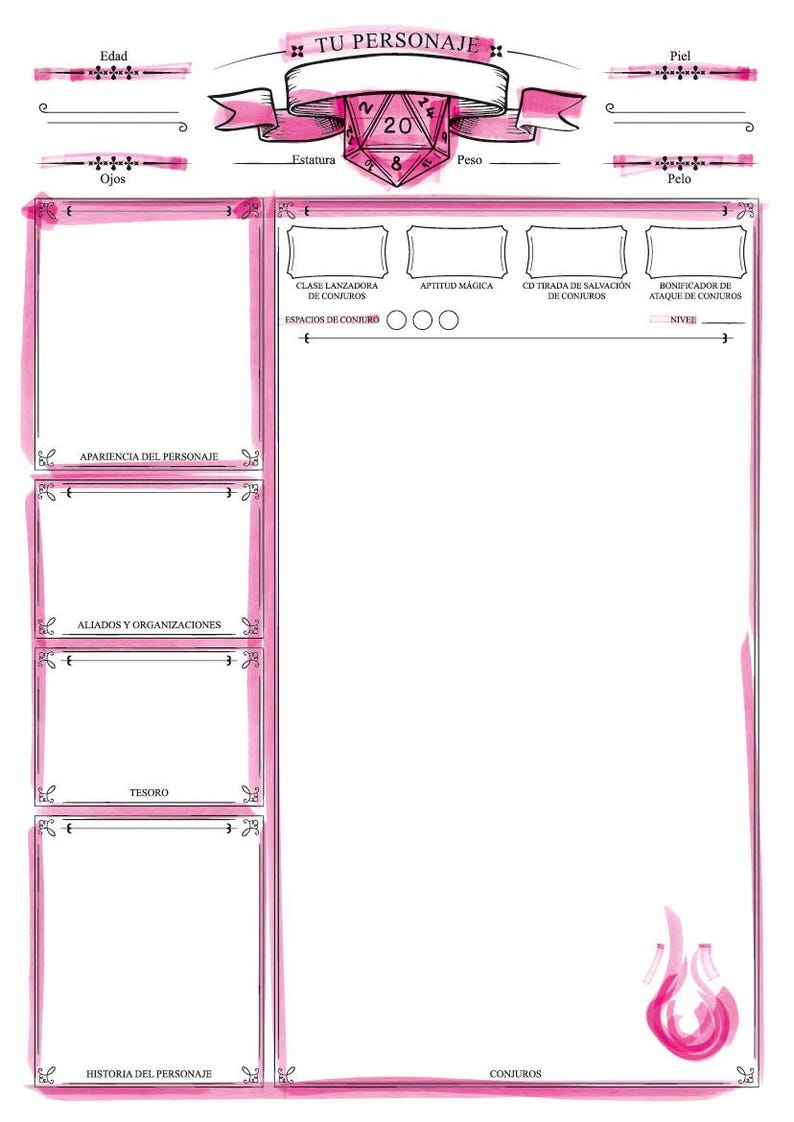Dnd PINK Character Sheet in SPANISH | Printable | 2 Pages | Digital ...