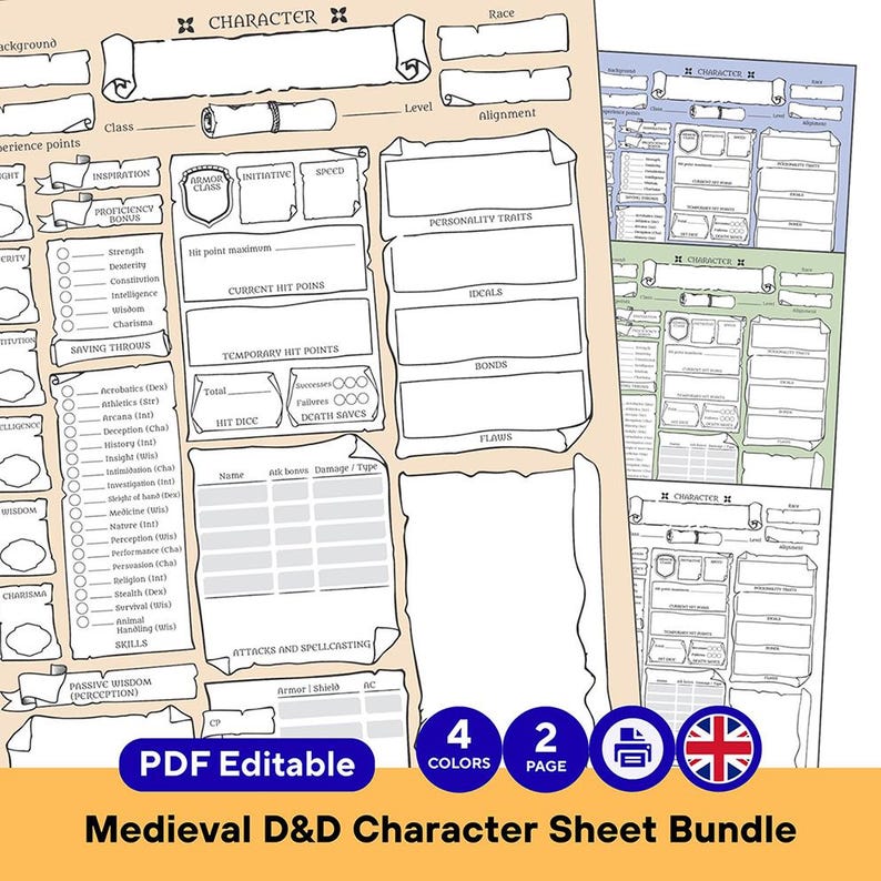 Medieval Dnd 5e Character Sheet Bundle: Editable, Fillable, Printable ...