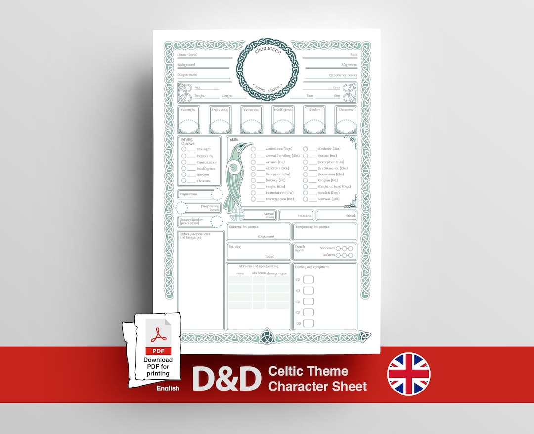 Celtic Warrior, Dnd Character Sheet in ENGLISH in PDF Format, Printable ...