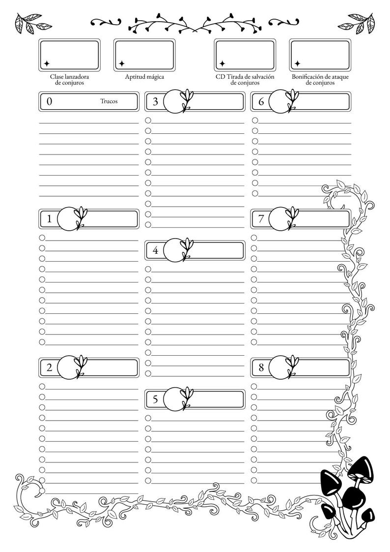 D&D5 Botanical Druid Character Sheet in Spanish, 4 Pages, Printable ...
