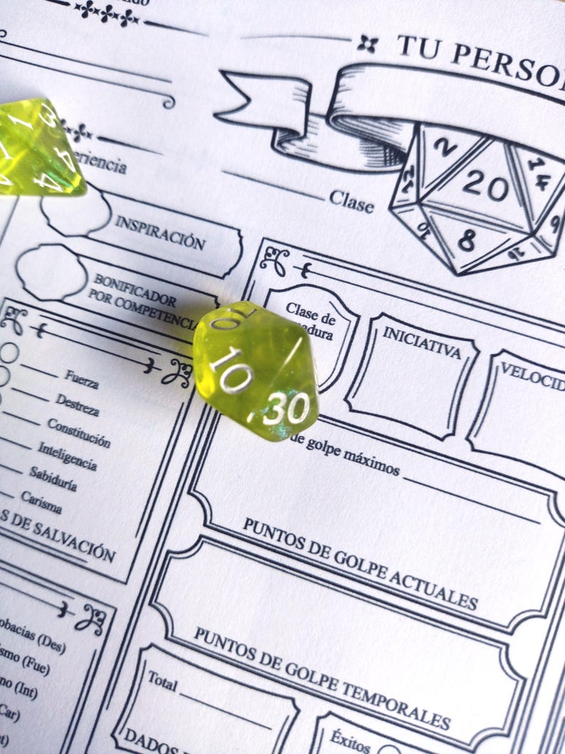 Dnd Character Sheet With D20 Die in SPANISH | Printable | 2 Pages ...