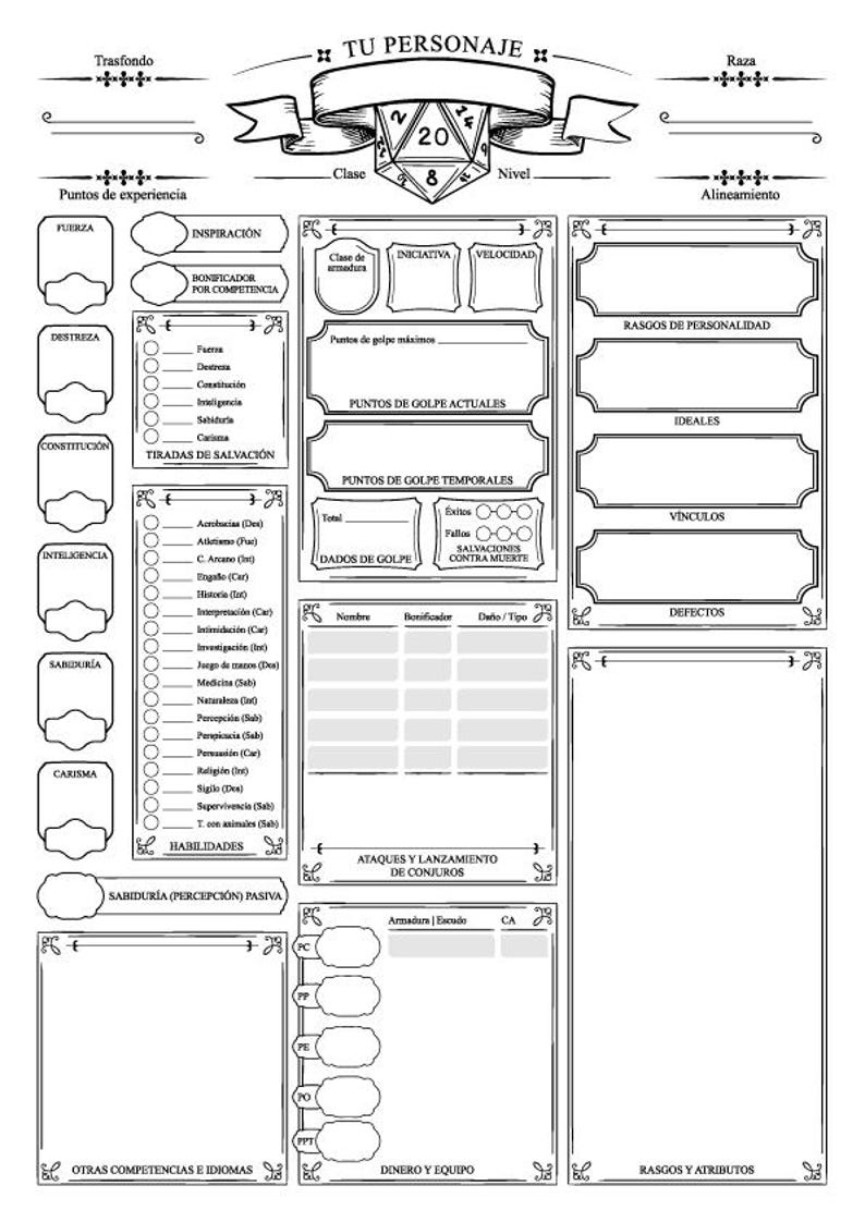 Dnd Character Sheet With D20 Die in SPANISH | Printable | 2 Pages ...