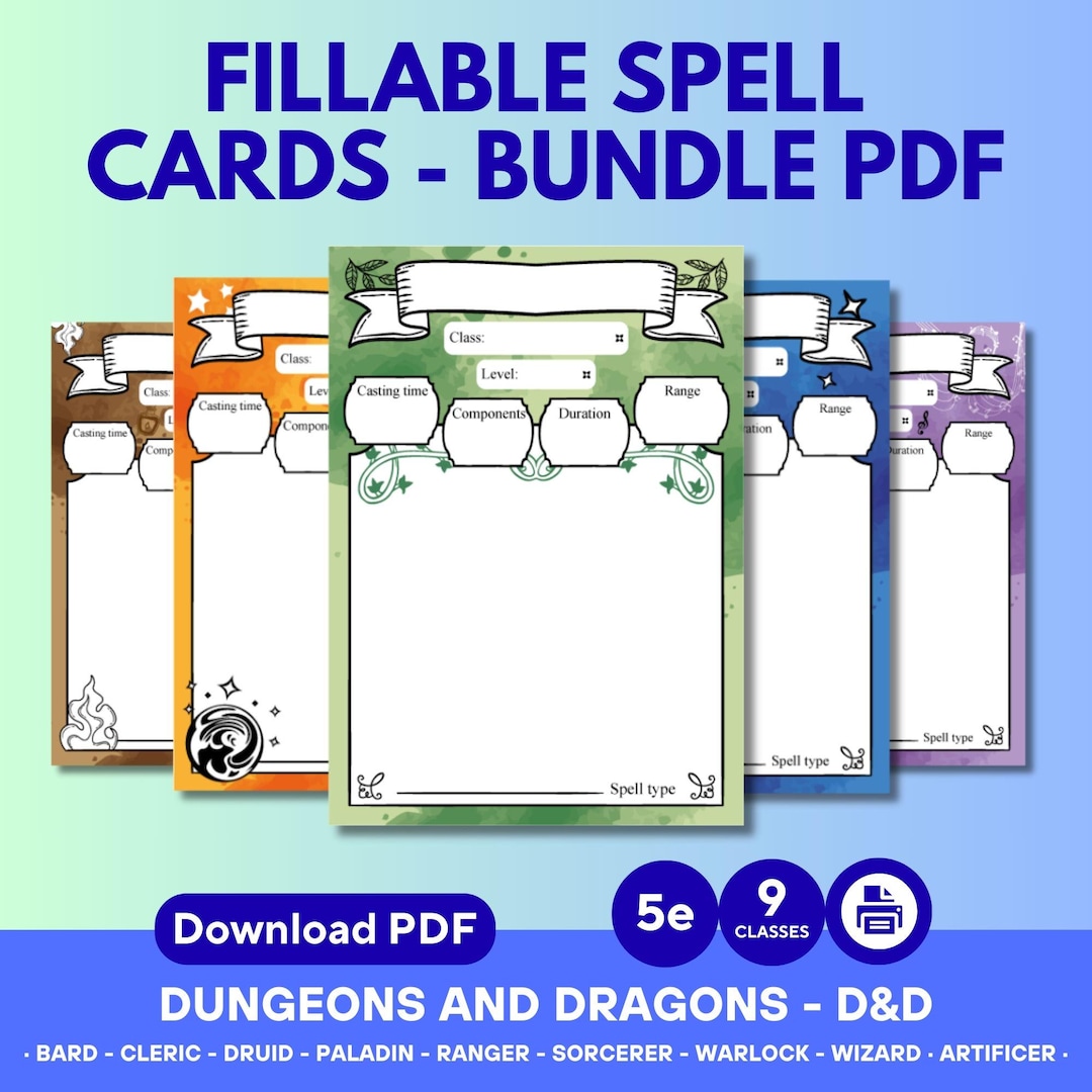 Dnd 5e BLANK Spell Cards - Artificer, Bard, Cleric, Druid, Paladin ...