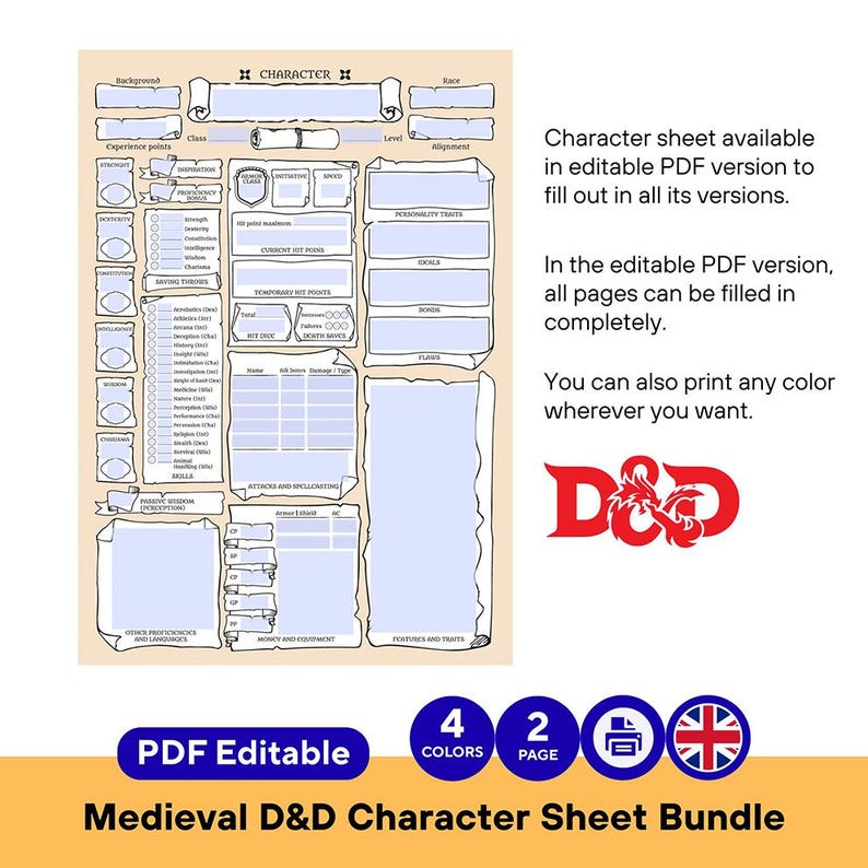 Medieval Dnd 5e Character Sheet Bundle: Editable, Fillable, Printable PDF | Role Play Sheet ...