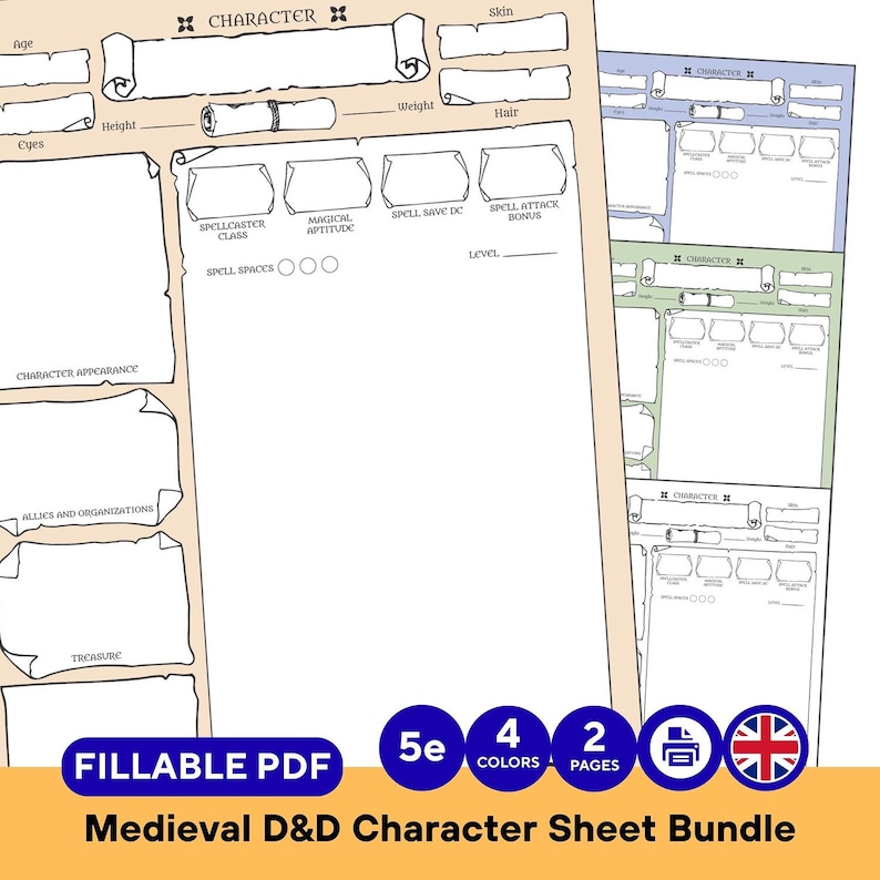 D&D 5e Printable Character Sheet Bundle: Editable, Form-fillable ...
