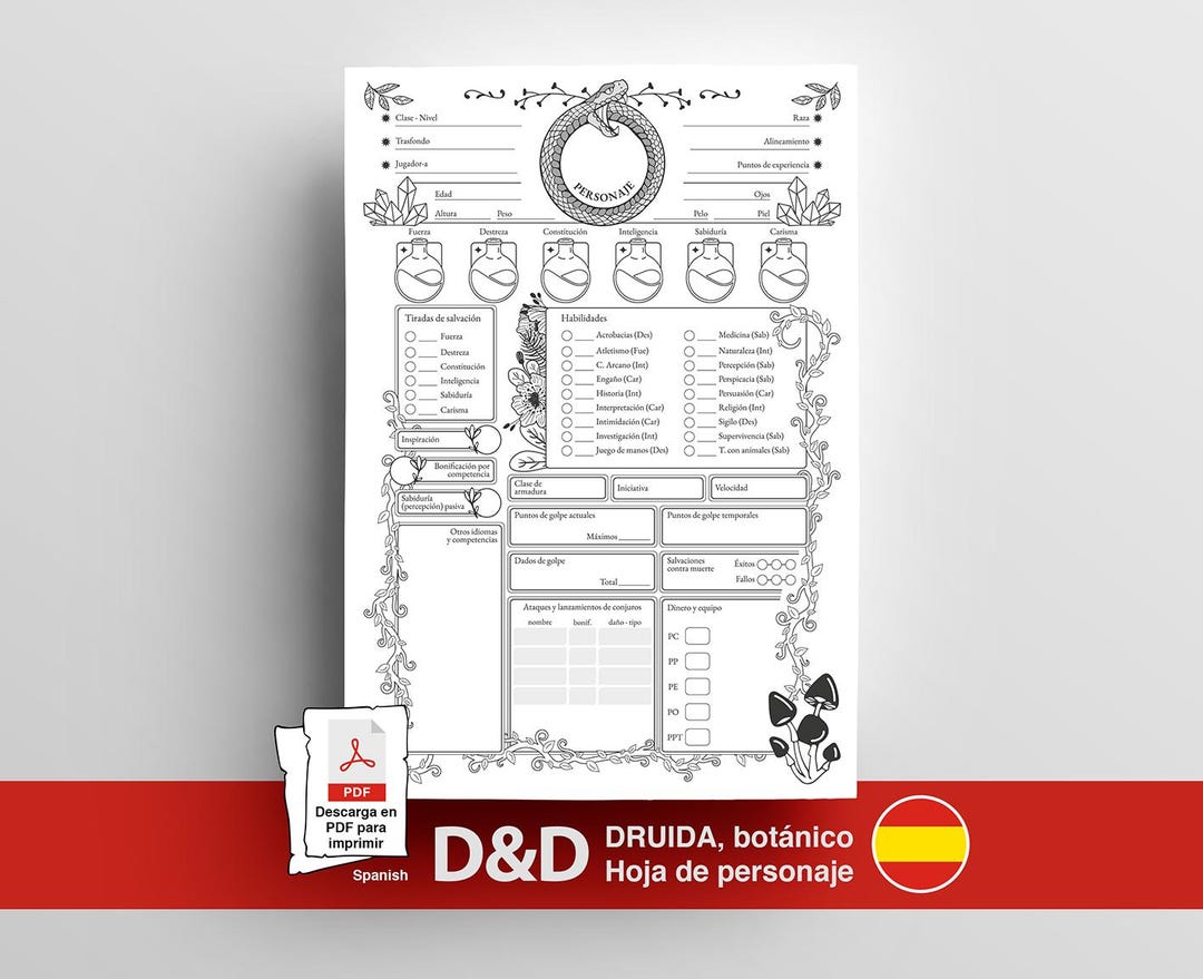DRUID Dnd Character Sheet SPANISH, Explorer, Printable, 4 Pages ...