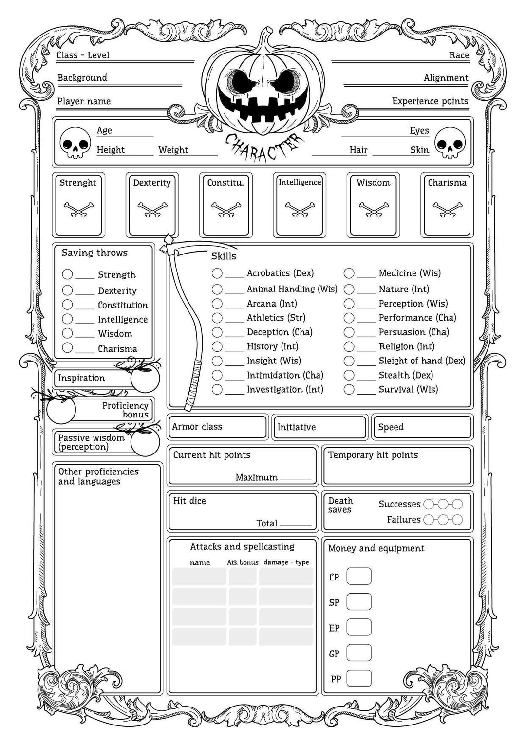 HALLOWEEN Horror Dnd5 ENGLISH Character Sheet, Printable, 4 Pages ...
