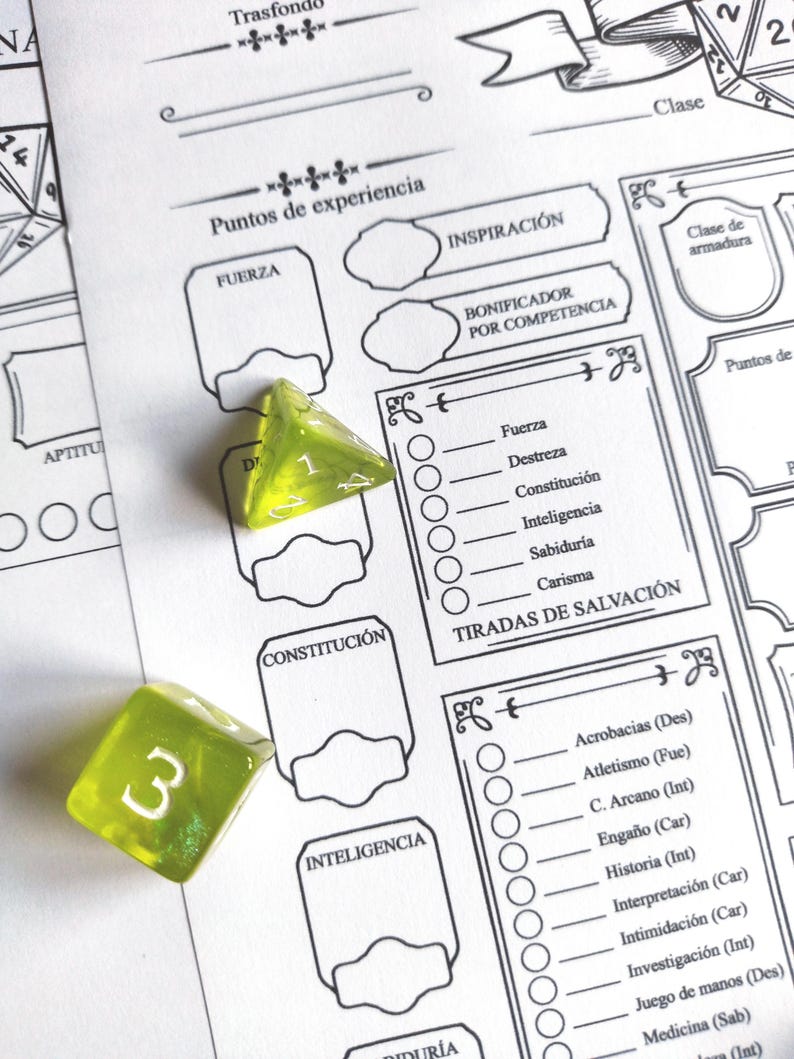 Dnd Character Sheet With D20 Die in SPANISH | Printable | 2 Pages ...
