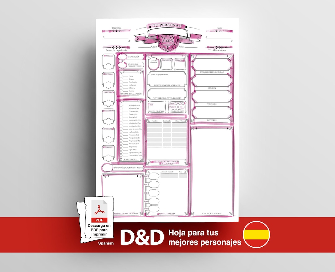Dnd PINK Character Sheet in SPANISH | Printable | 2 Pages | Digital PDF ...