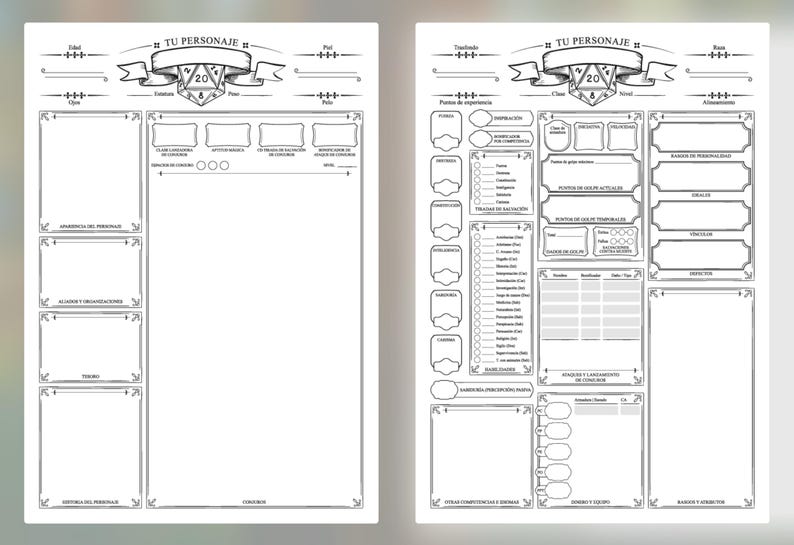 Dnd Character Sheet With D20 Die in SPANISH | Printable | 2 Pages ...