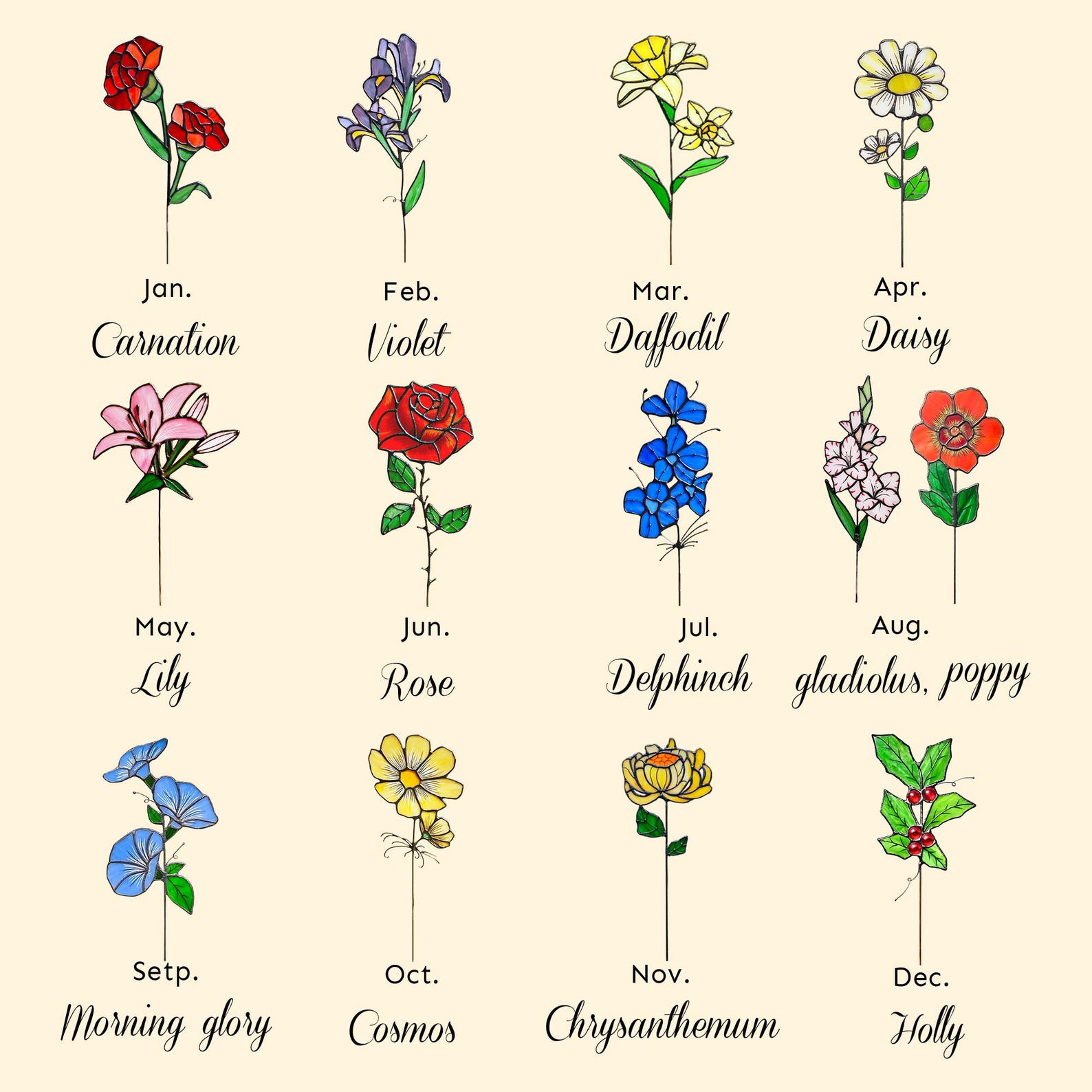 Birth Month Flower Stained Glass Plant Stake – Handmade Floral Garden ...