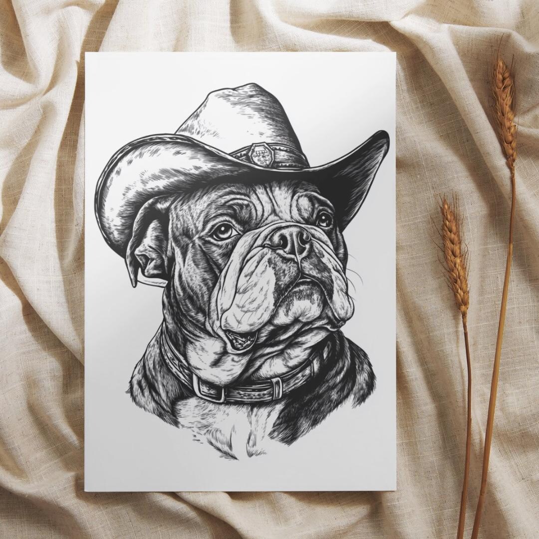 Cowboy Pet Digital Art Bulldog Art Portrait of Dog Wearing Cowboy Hat ...