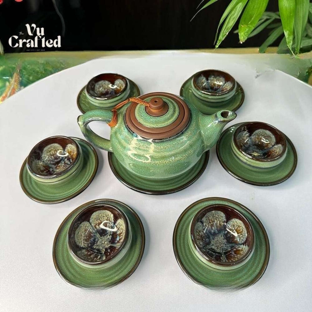 Elegant Green Ceramic Tea Set With Earthy Tones - Etsy