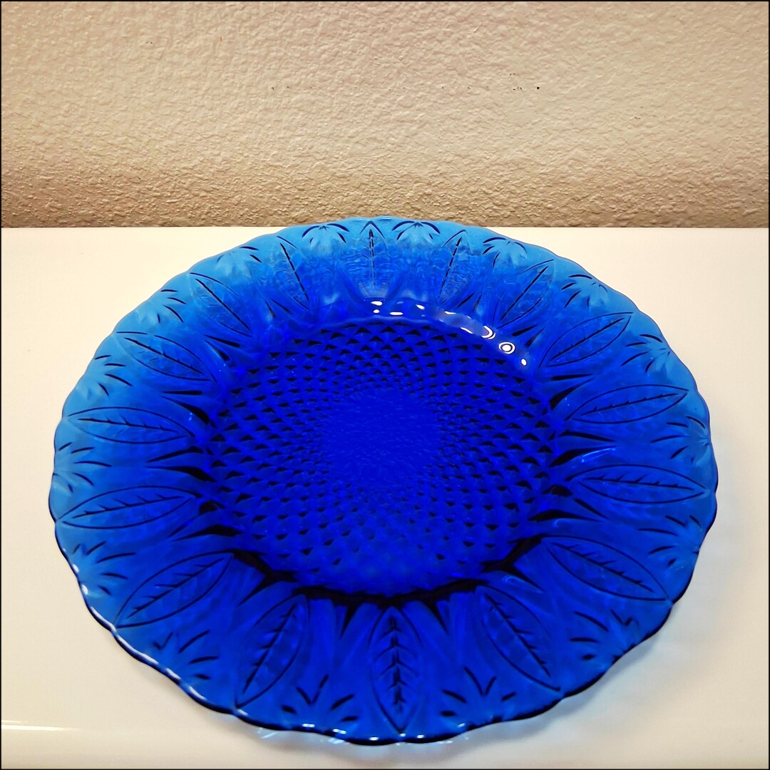Set of Four Royal Sapphire Glass Plates, French Leaf Design, 10-3/8 In ...