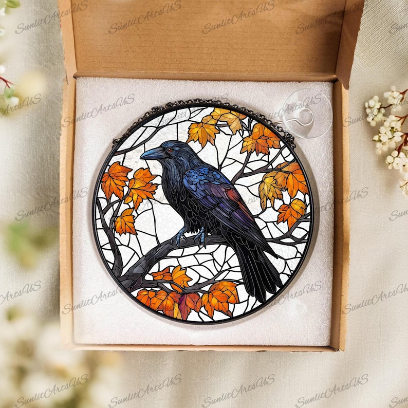 Black Crow Portrait Glass Suncatcher, Crow Dead Leaves Window Hangings ...