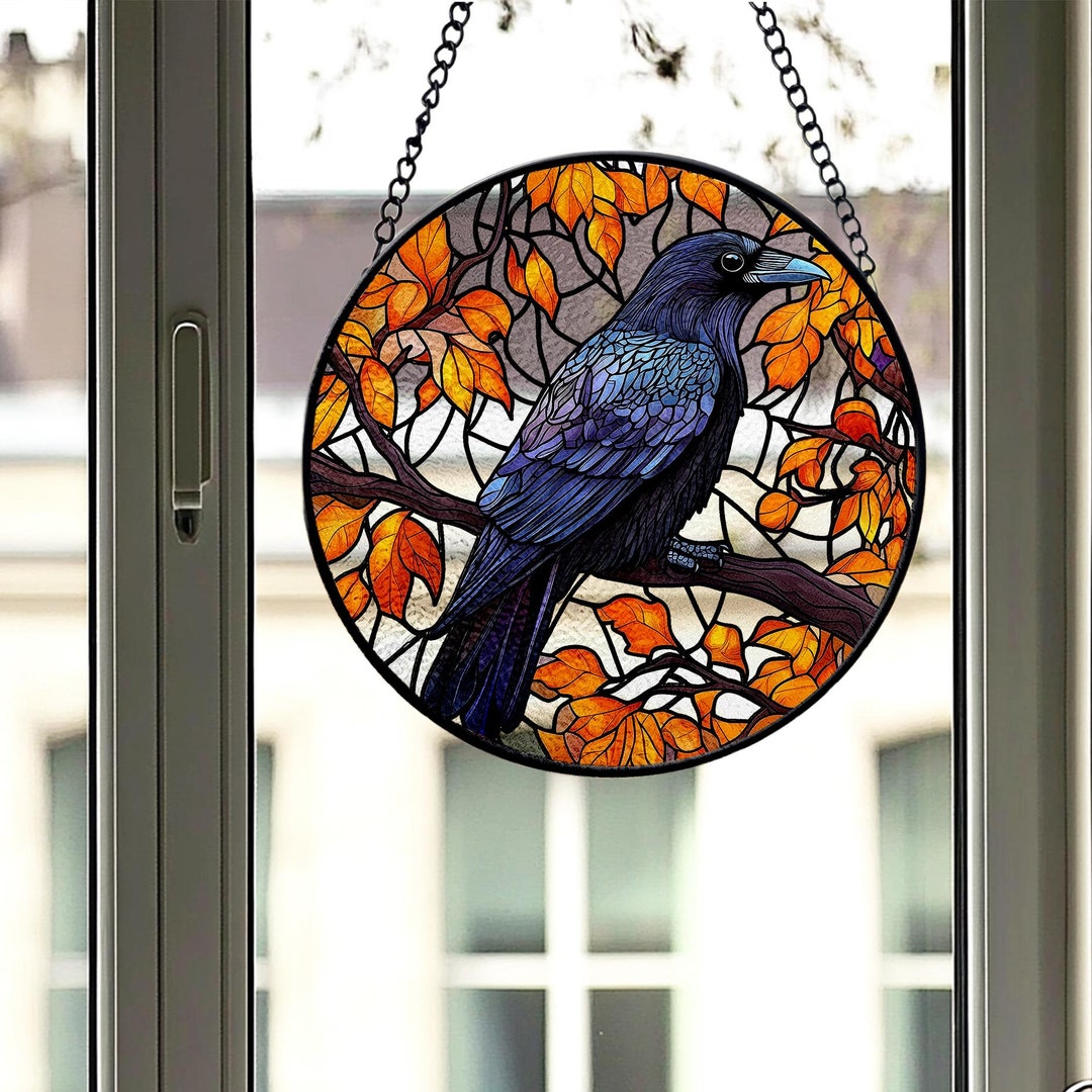 Crow Portrait Glass Suncatcher, Gothic Crow Window Hangings for Garden ...