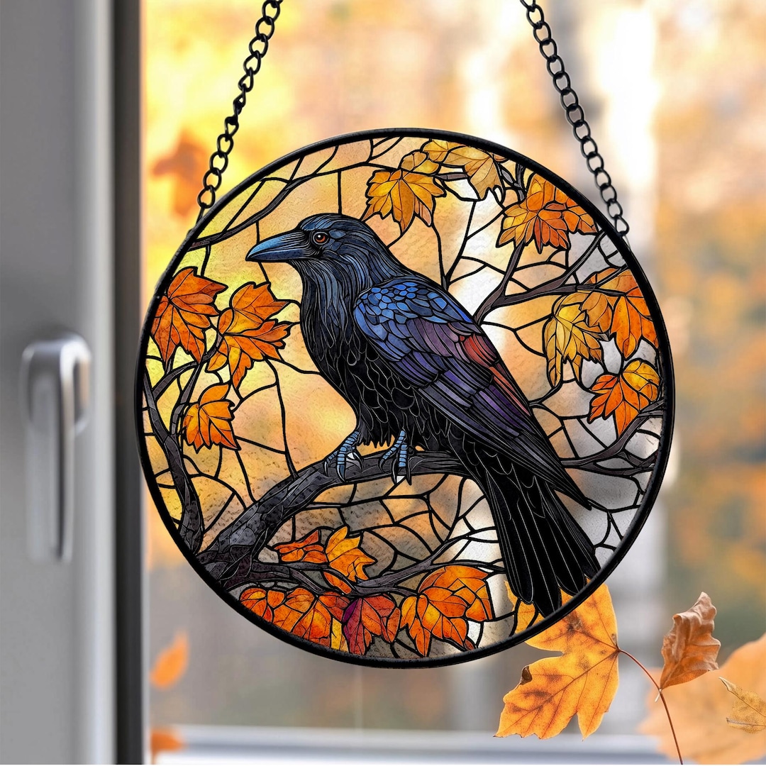 Black Crow Portrait Glass Suncatcher, Crow Dead Leaves Window Hangings ...