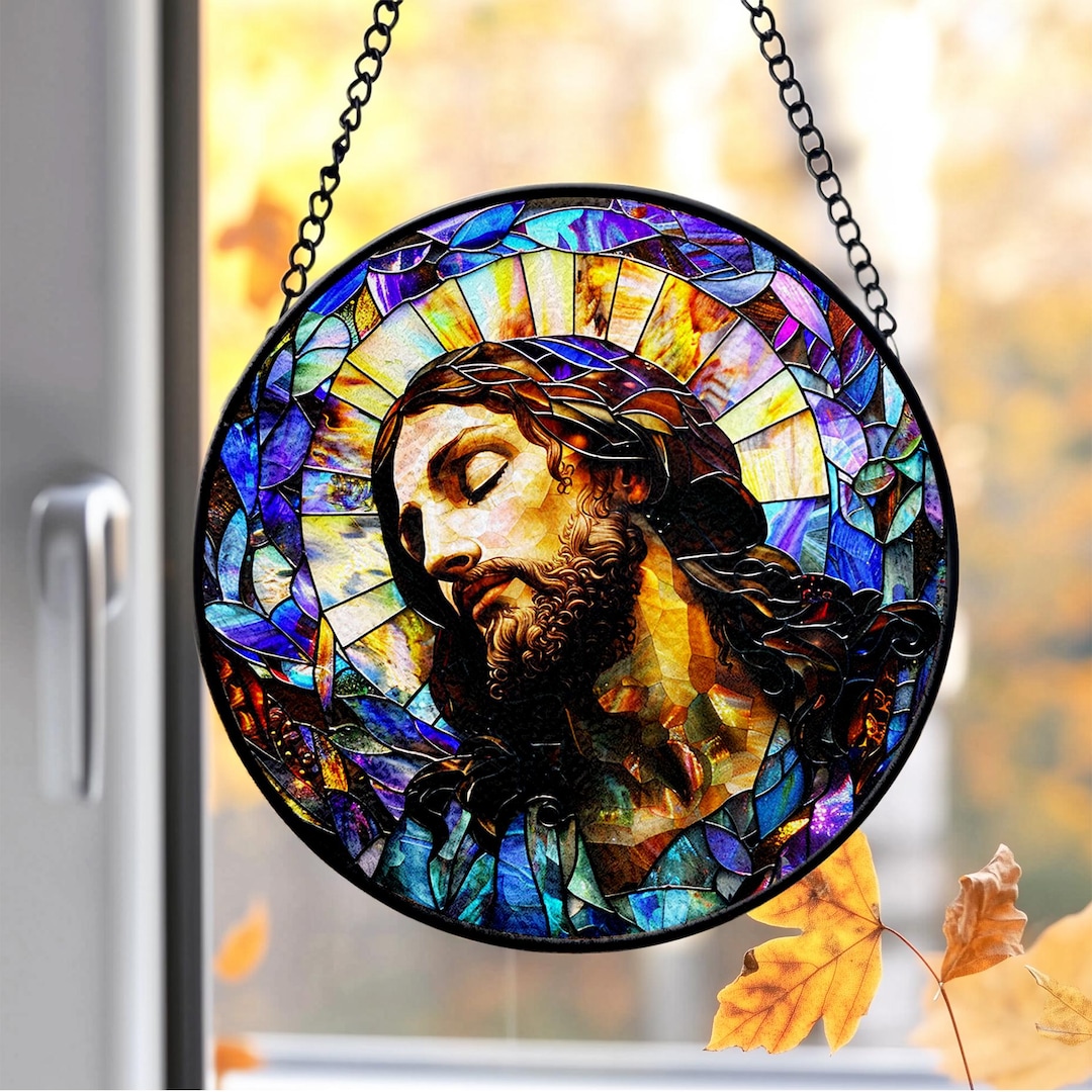 Custom Christian Glass Window Hanging, Jesus Portrait Suncatcher Glass ...