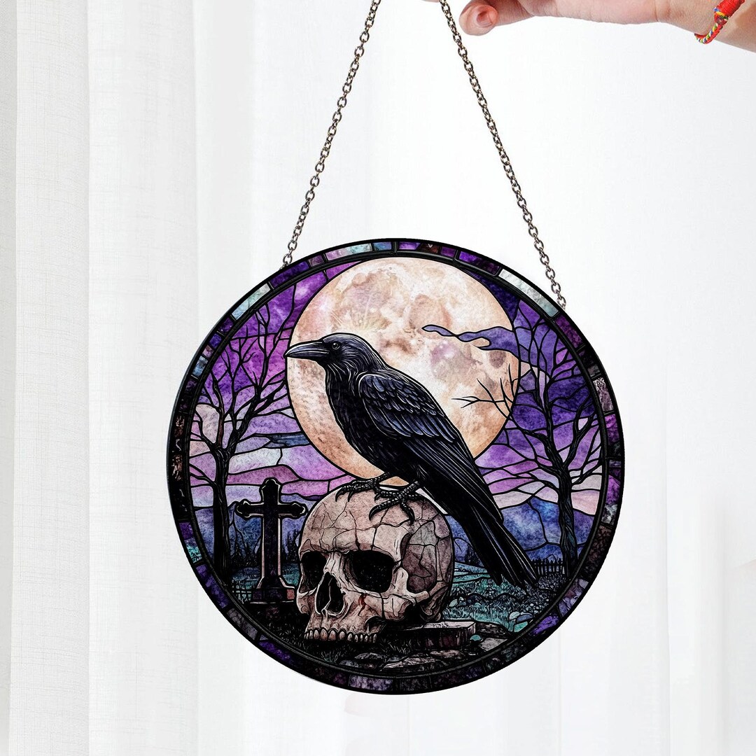 Crow on Skull Glass Suncatcher, Moon&crow Stained Glass Suncatcher ...