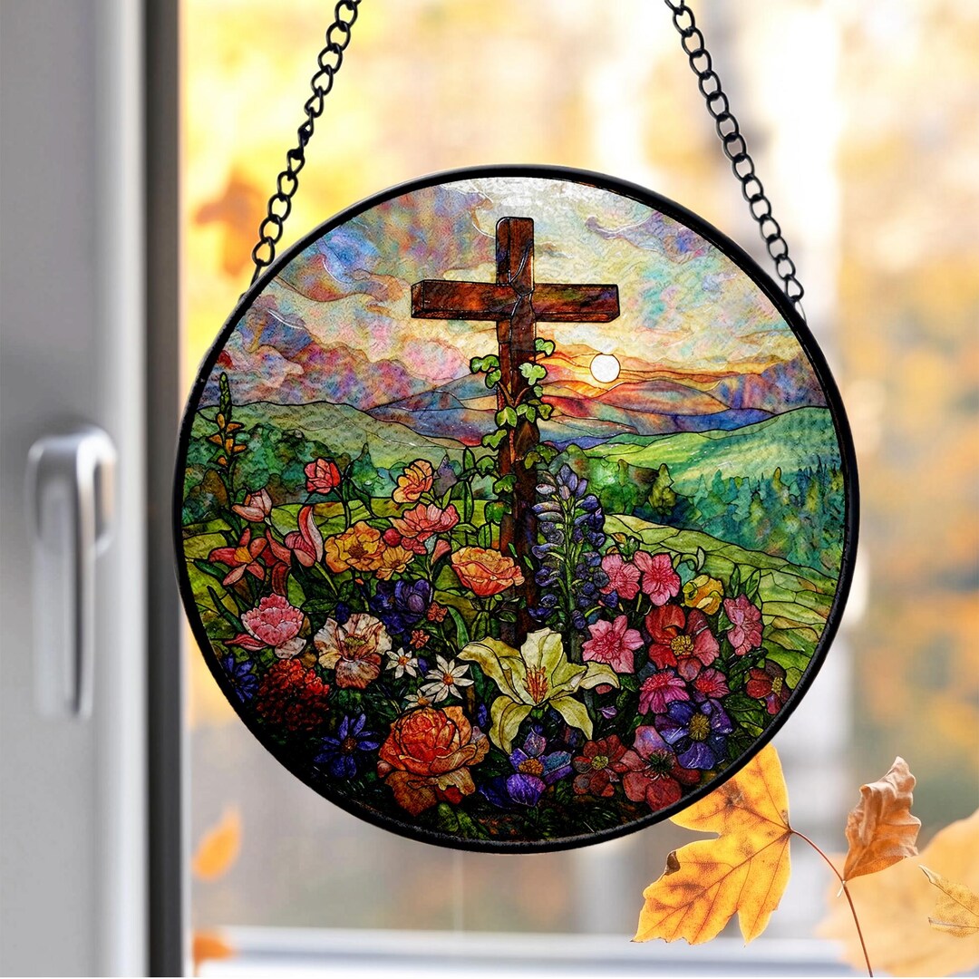 Religious Cross Suncatcher, Stained Glass Cross Wildflower Suncatcher ...