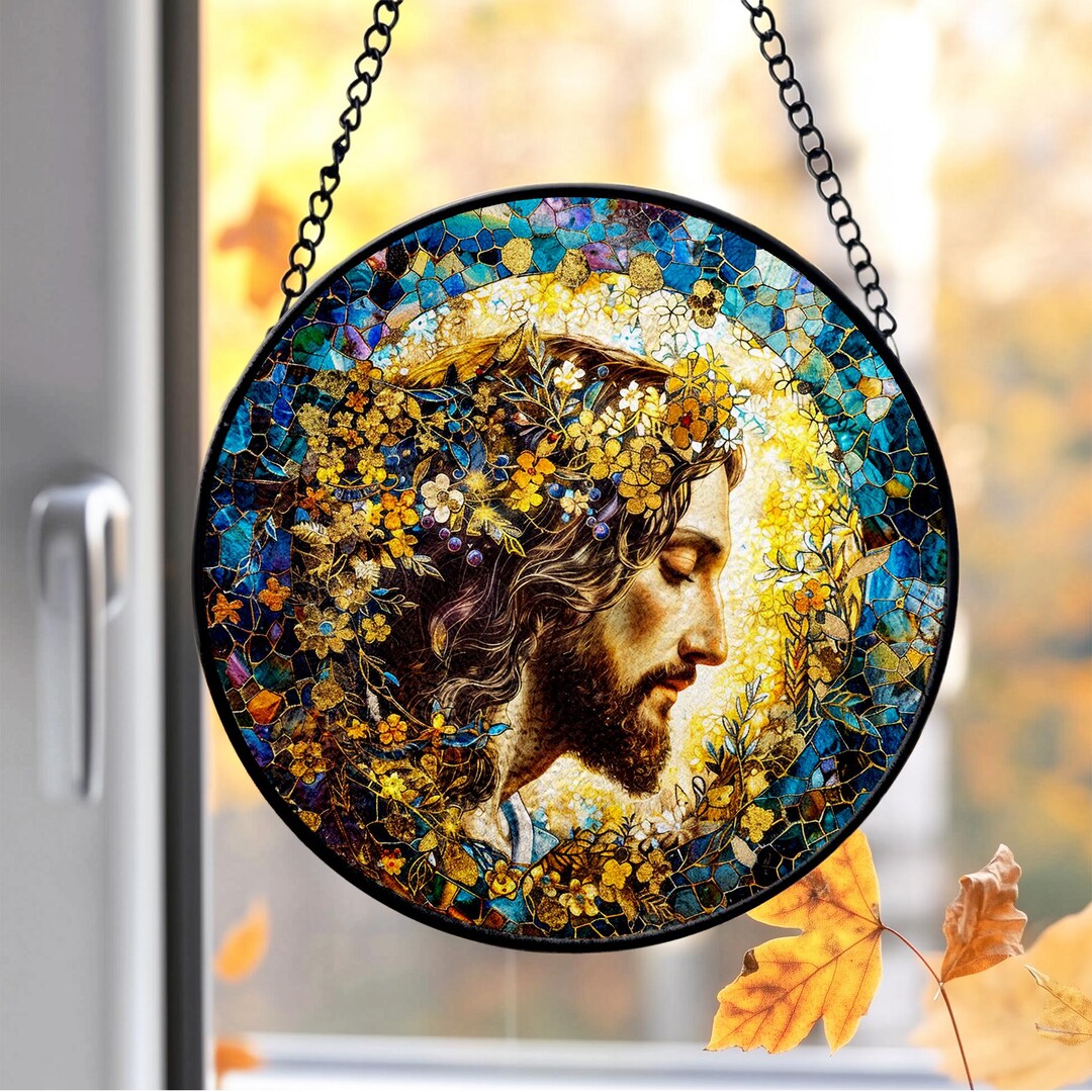 Jesus Portrait Suncatcher, Jesus Glass Window Decor, Christian Glass ...
