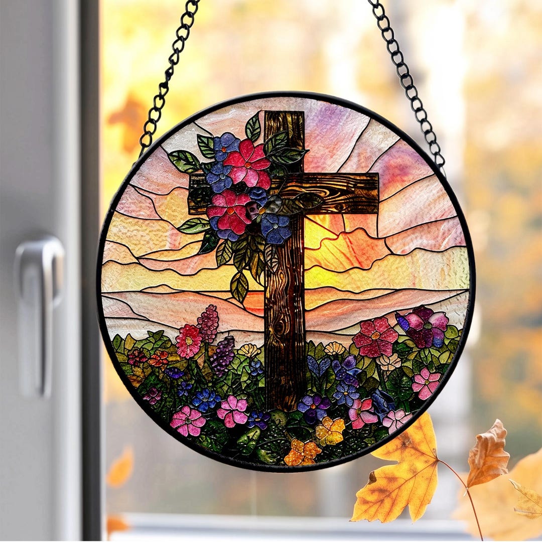 Cross Suncatcher, Stained Glass Cross Wildflower Suncatcher, Religious ...