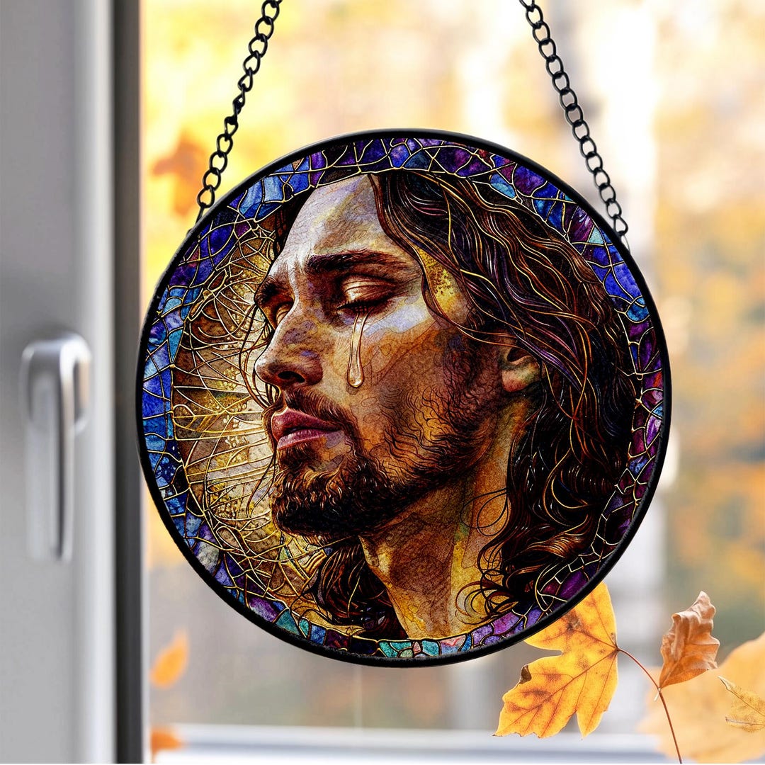Crying Jesus Art Suncatcher, Jesus Glass Window Decor, Christian Glass ...