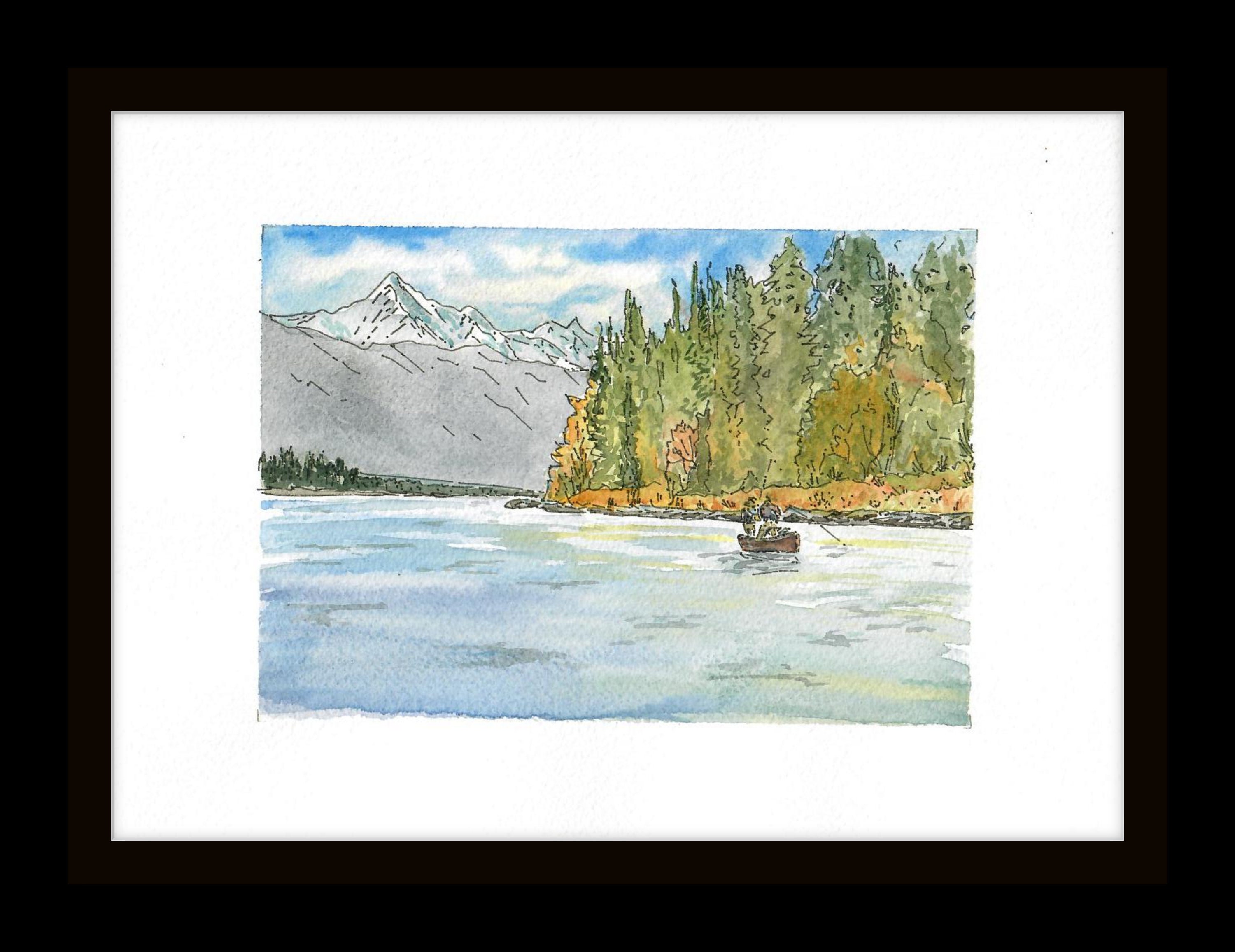 Alaska River Fishing. Ink and Wash Watercolor Original Painting. Size 8 ...