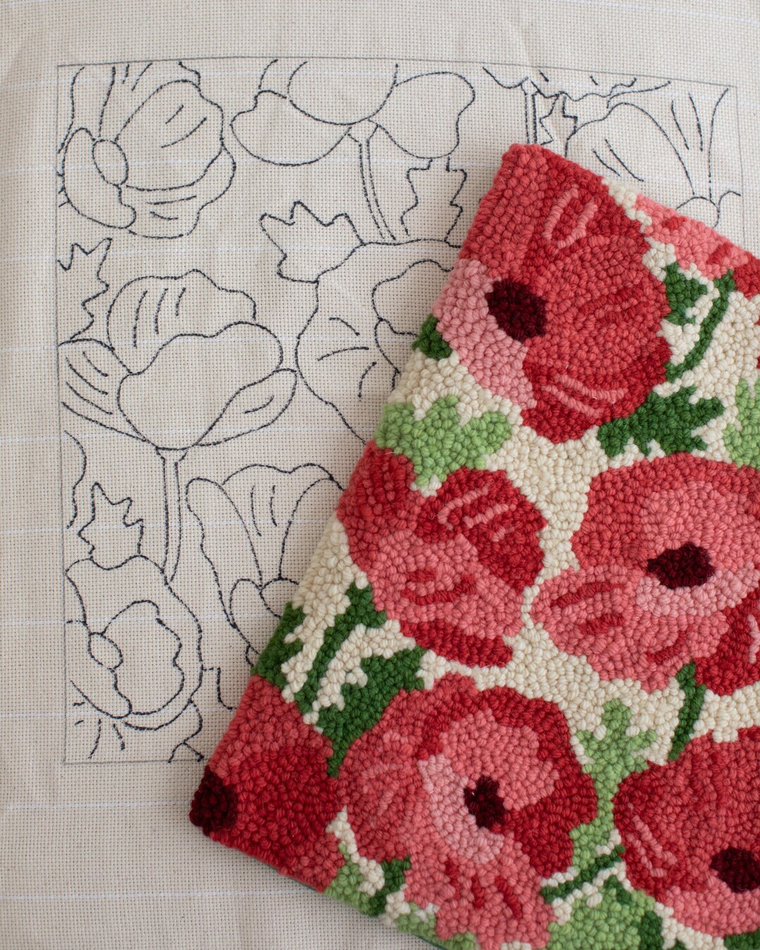 Traced Punch Needle Pattern on Monks Cloth With Serged Edges, Punch ...