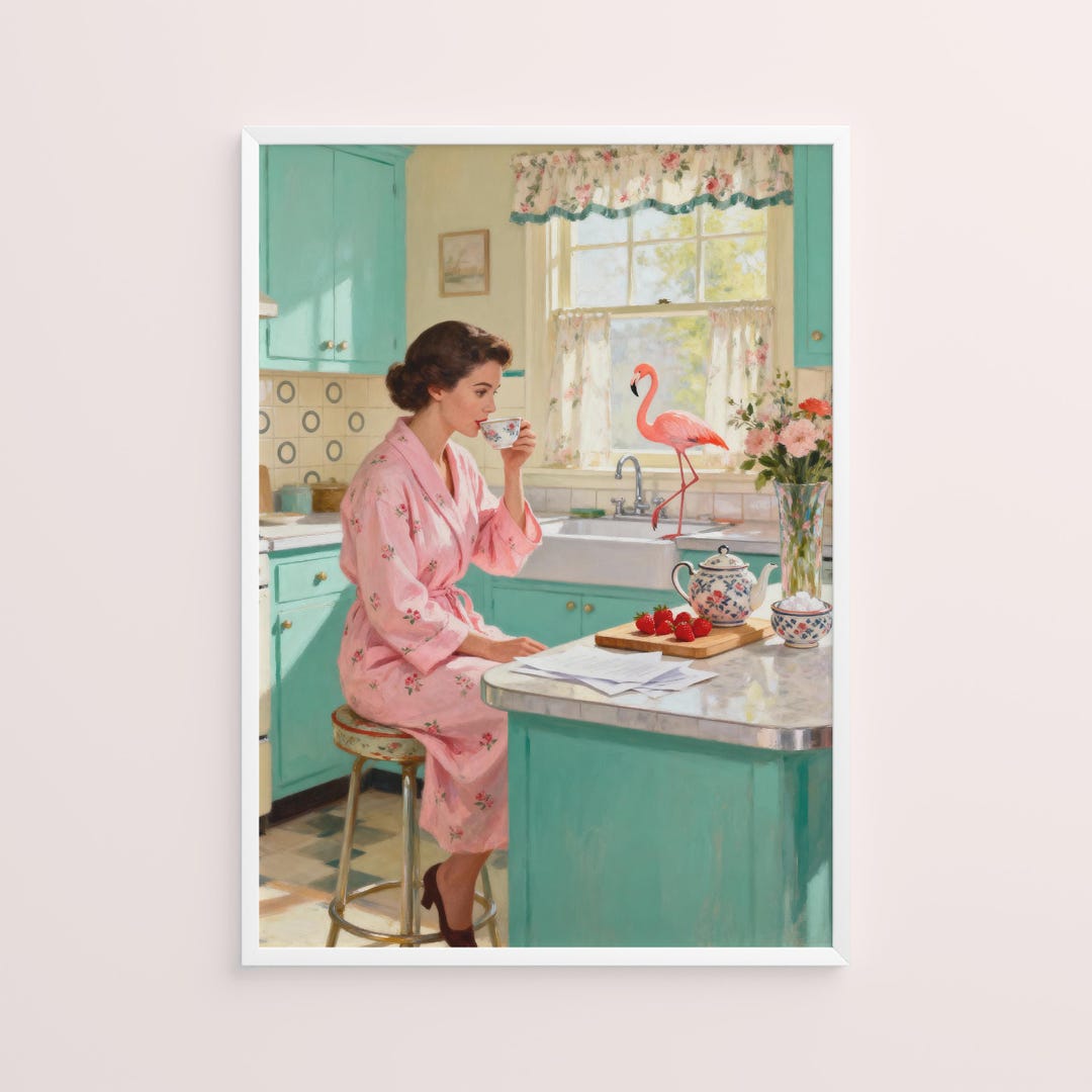 Retro Kitchen Painting – Midcentury Realism – Mint & Blush – Breakfast ...