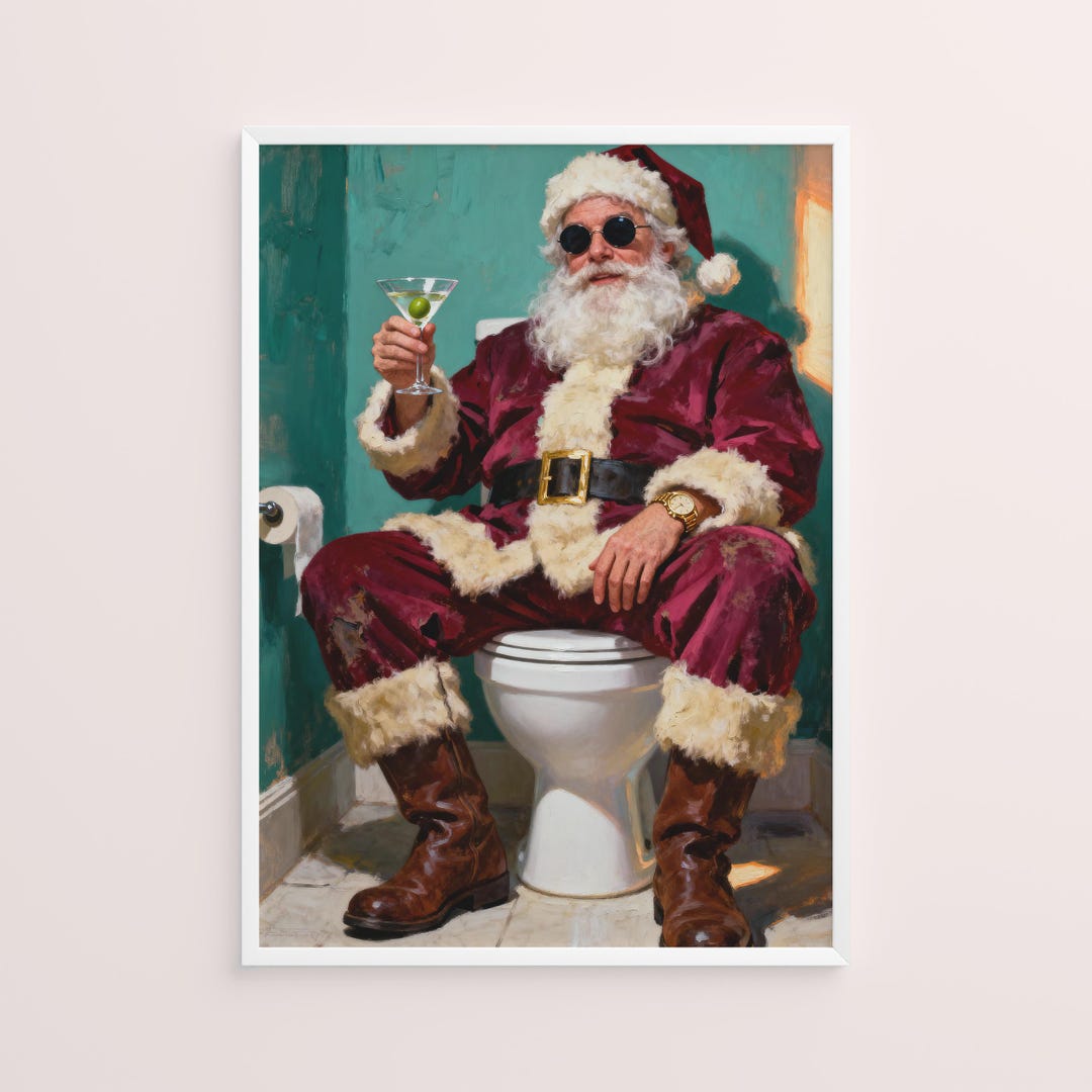 Santa Bathroom Painting Vintage Christmas Humor Santa Toilet Art Wor ...