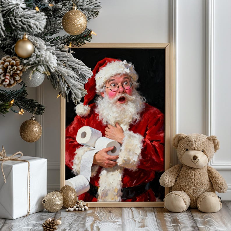 Christmas Santa Bathroom Poster, Classic Brush Look, Playful Night ...