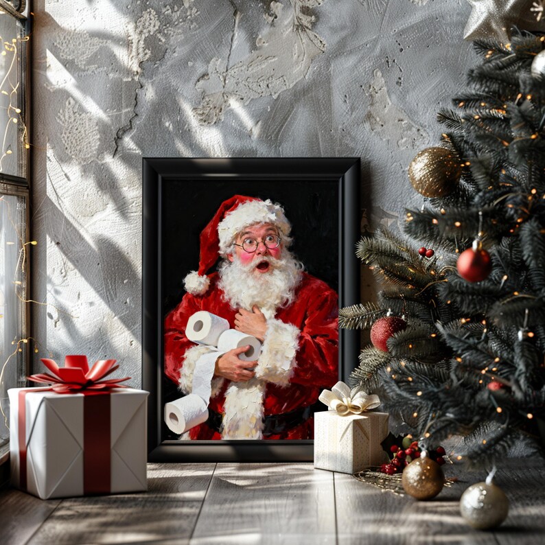 Christmas Santa Bathroom Poster, Classic Brush Look, Playful Night ...