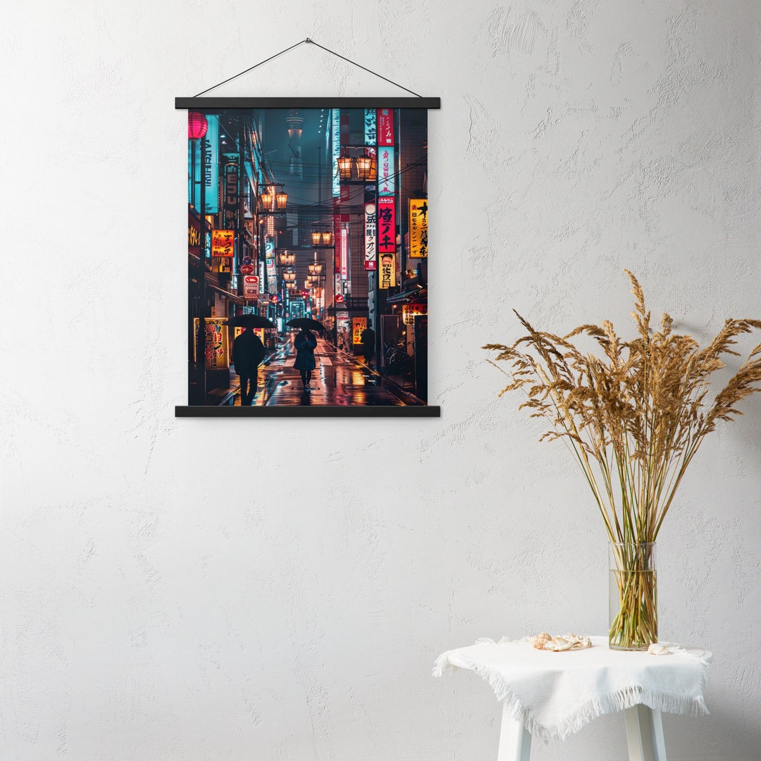 Japanese Street Japanese Street Poster With Wooden Hangers - Etsy