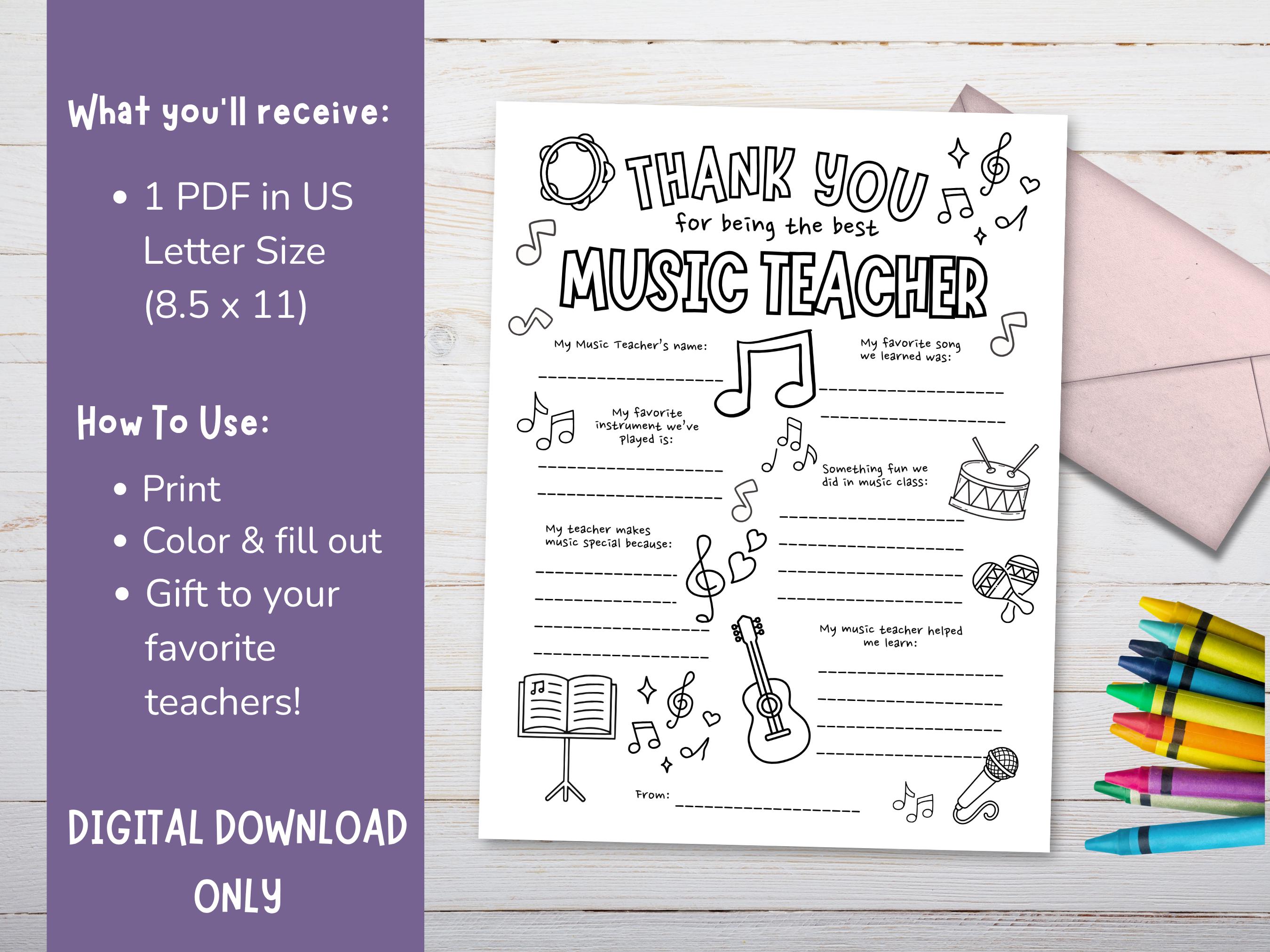 Music Teacher Appreciation Week Printable Coloring Page Card, Teacher ...