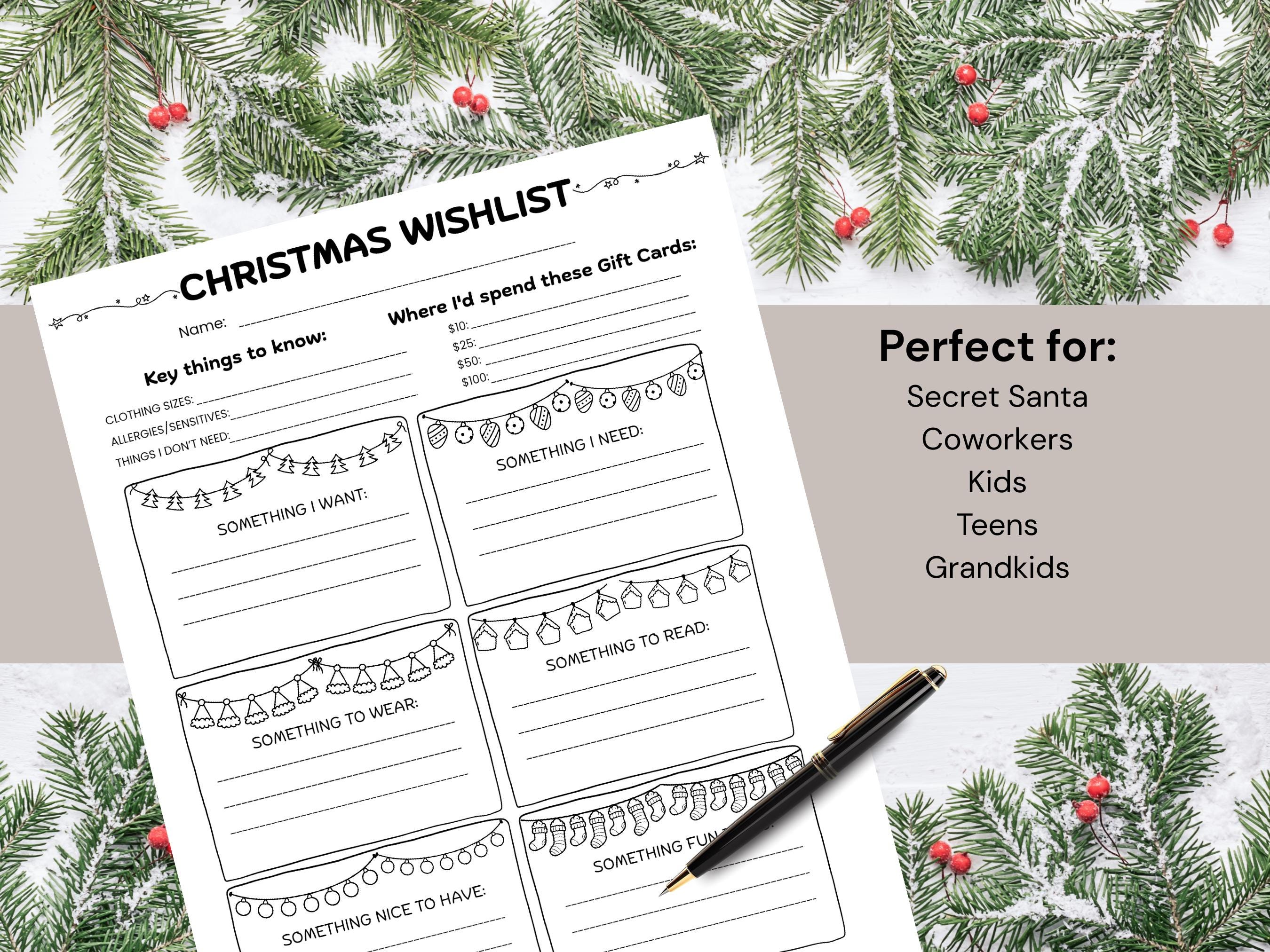 Christmas Wish List PDF: 1 Page With Want, Need, Wear, Read Sections ...