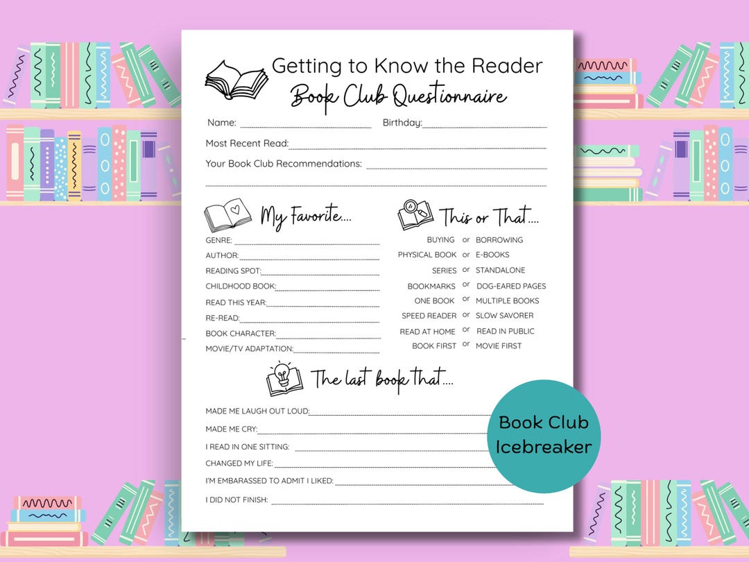 Book Club Icebreaker Questionnaire, Book Club Games, Book Club Supplies ...