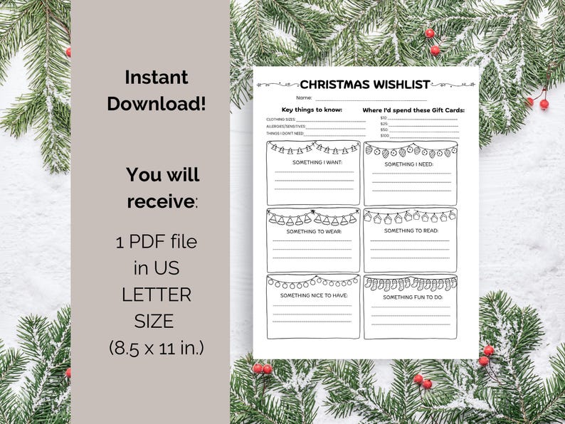 Christmas Wish List PDF: 1 Page With Want, Need, Wear, Read Sections ...