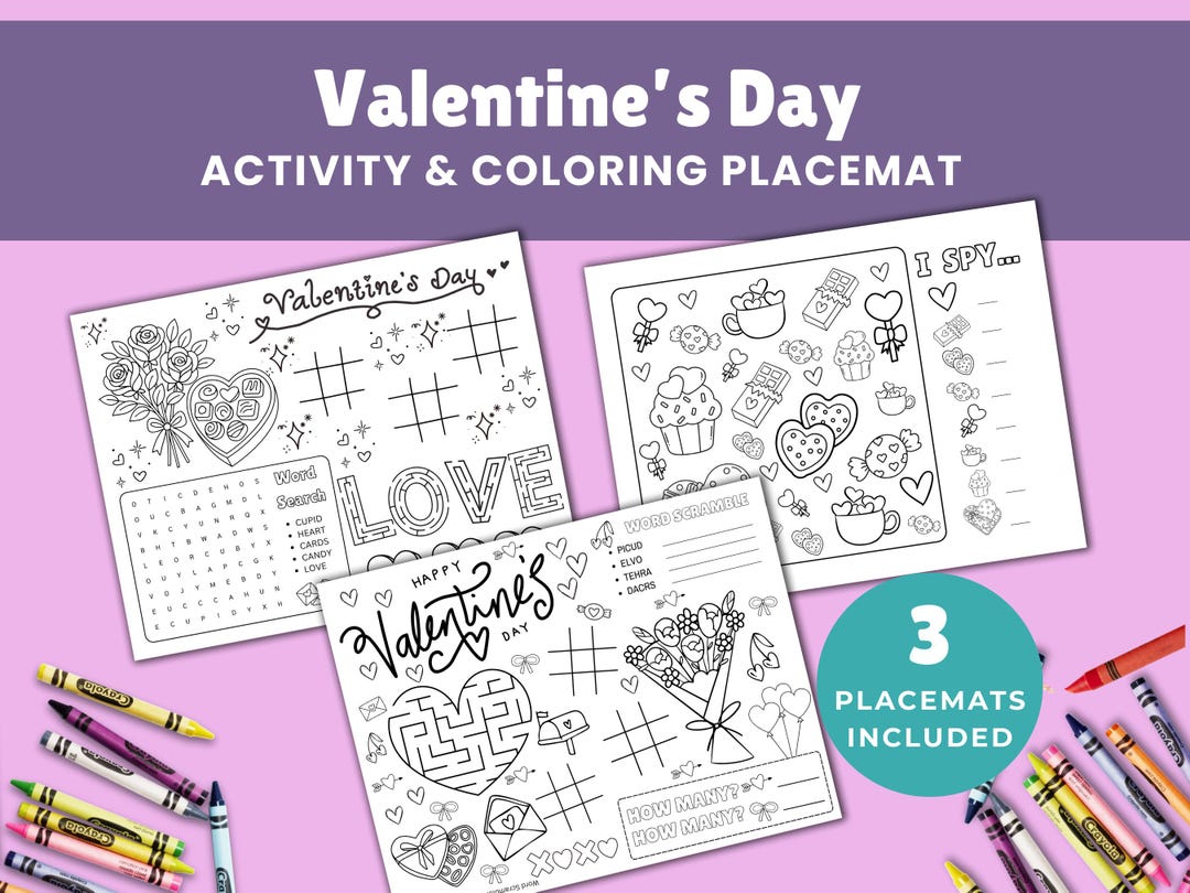 Valentine Activity Placemat Printable, Valentine Coloring Placemats ...