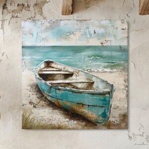Distressed Aqua Boat on Shore Canvas Wall Art Prints, Coastal Beach ...