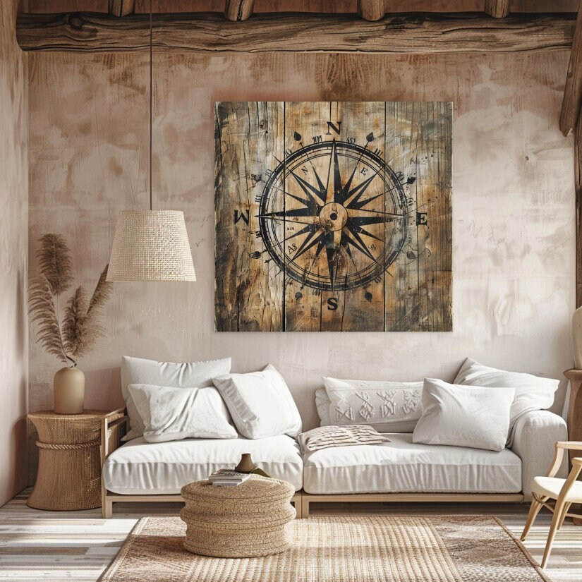 Weathered Wood Vintage Compass Canvas, Nautical Coastal Wall Art, Beach ...