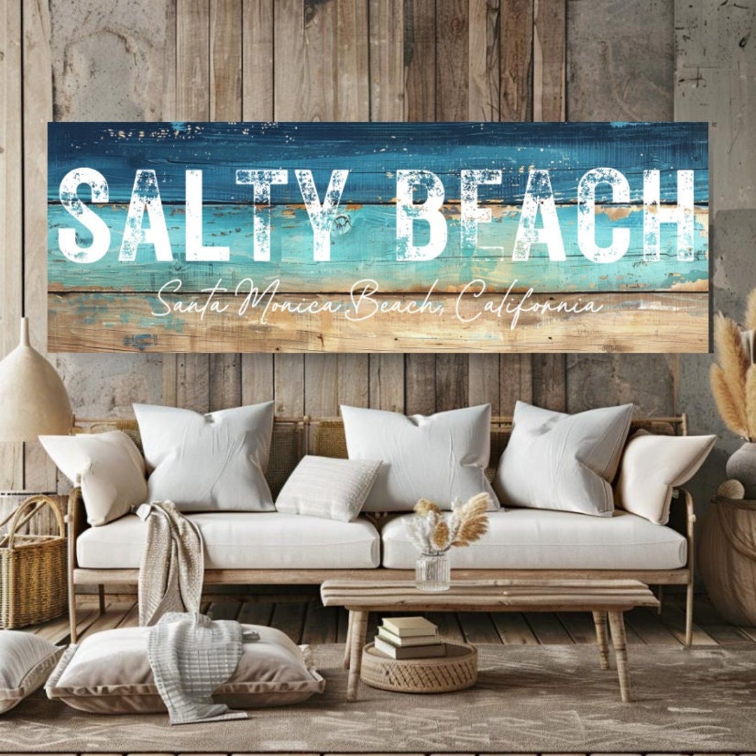 Distressed Wood Salty Beach Typography Canvas, Rustic Coastal Landscape ...