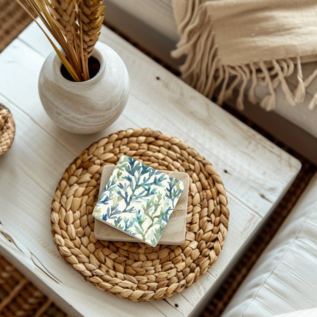Beach Sea Leaves Coastal Coasters Set of 4, Nature Coasters, Green ...